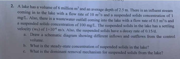 Solved 2. A lake has a volume of 6 million m' and an average | Chegg.com