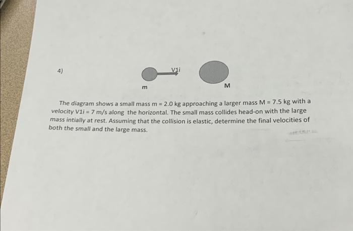 Solved please help 4) m V1i M The diagram shows a small mass | Chegg.com