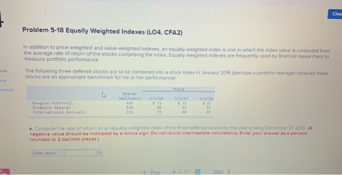 Problem 5-18 Equally Weighted Indexes (L04, CFA2) In | Chegg.com