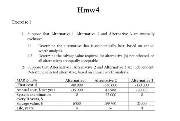 Solved 1- Suppose that Alternative 1, Alternative 2 and | Chegg.com