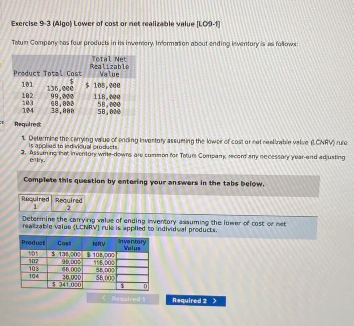 Solved Exercise 9-3 (Algo) Lower of cost or net realizable | Chegg.com