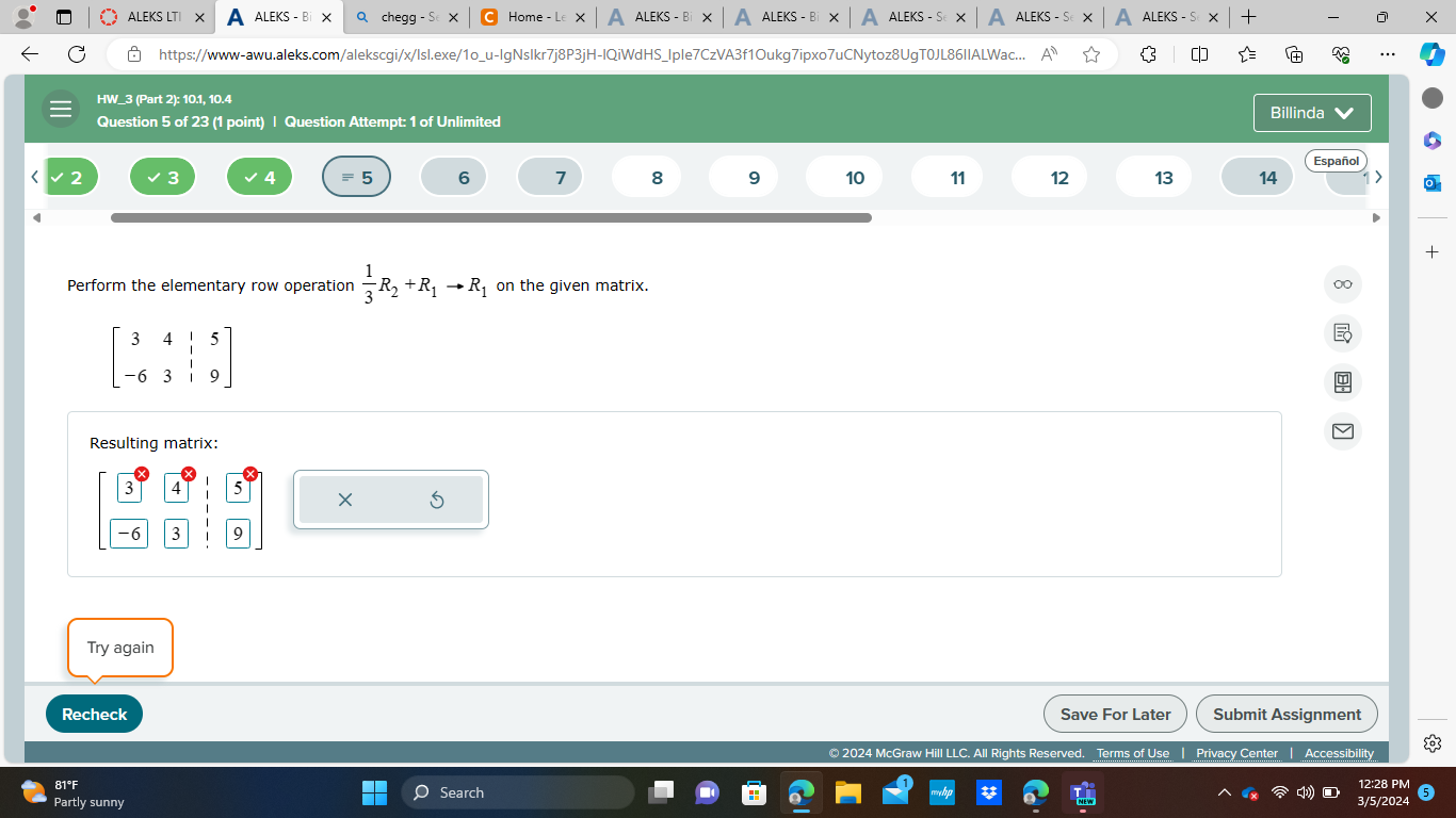 Solved Perform the elementary row operation 13R2+R1→R1 ﻿on | Chegg.com