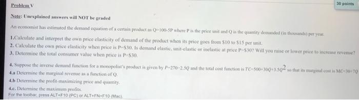 Solved Problem V Note: Unexplained answers will NOT be | Chegg.com