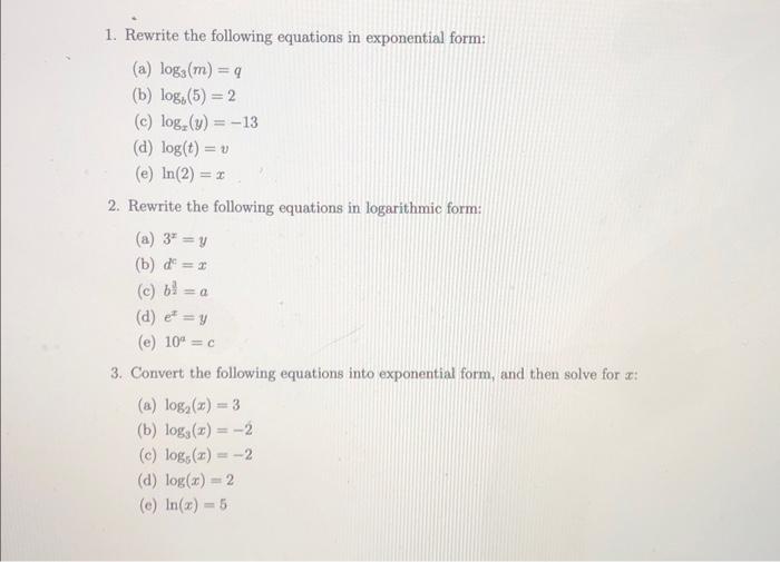 Solved 1. Rewrite the following equations in exponential | Chegg.com