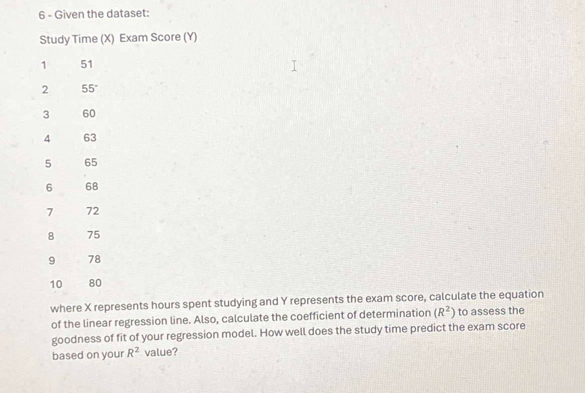 Solved 6 - ﻿Given the dataset:Study Time (X) ﻿Exam Score | Chegg.com