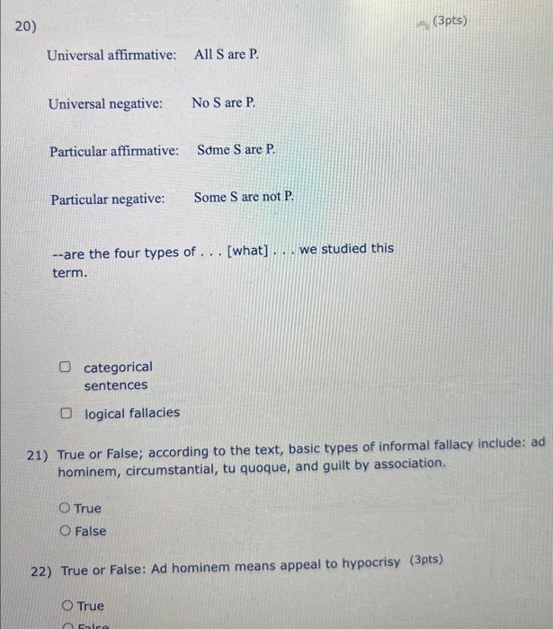 20) (3pts) Universal affirmative: All S are P. | Chegg.com