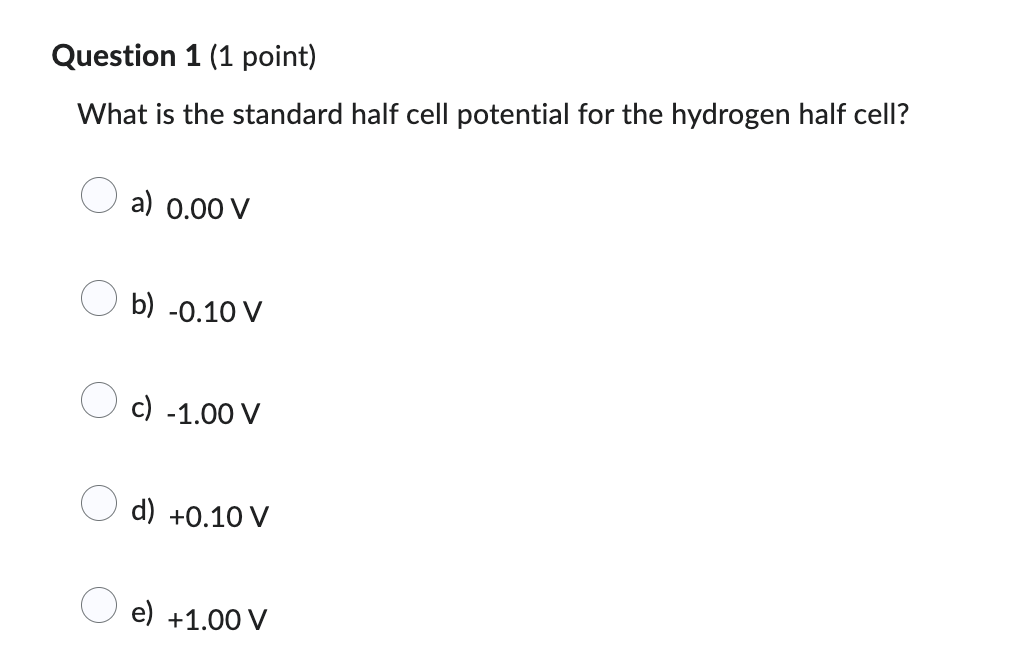 Solved Question 1 (1 ﻿point)What is the standard half cell | Chegg.com