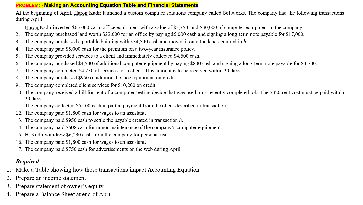 Solved PROBLEM: - Making an Accounting Equation Table and | Chegg.com
