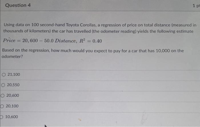 Solved Question 4 Using data on 100 second-hand Toyota | Chegg.com
