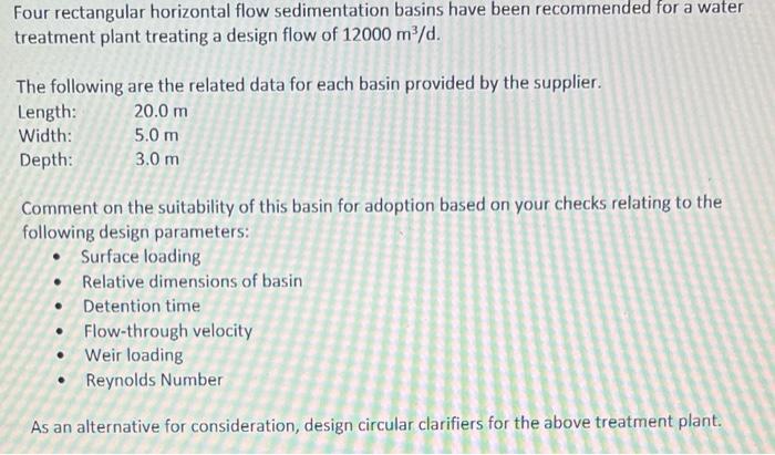 Solved Four rectangular horizontal flow sedimentation basins | Chegg.com