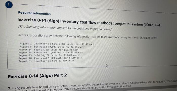 Solved Required information Exercise 8-14 (Algo) Inventory | Chegg.com