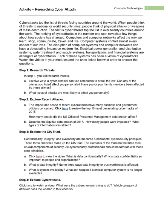 Solved Activity - Researching Cyber Attacks Computer | Chegg.com