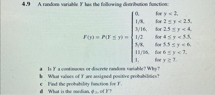 Solved 4.9 A random variable Y has the following | Chegg.com