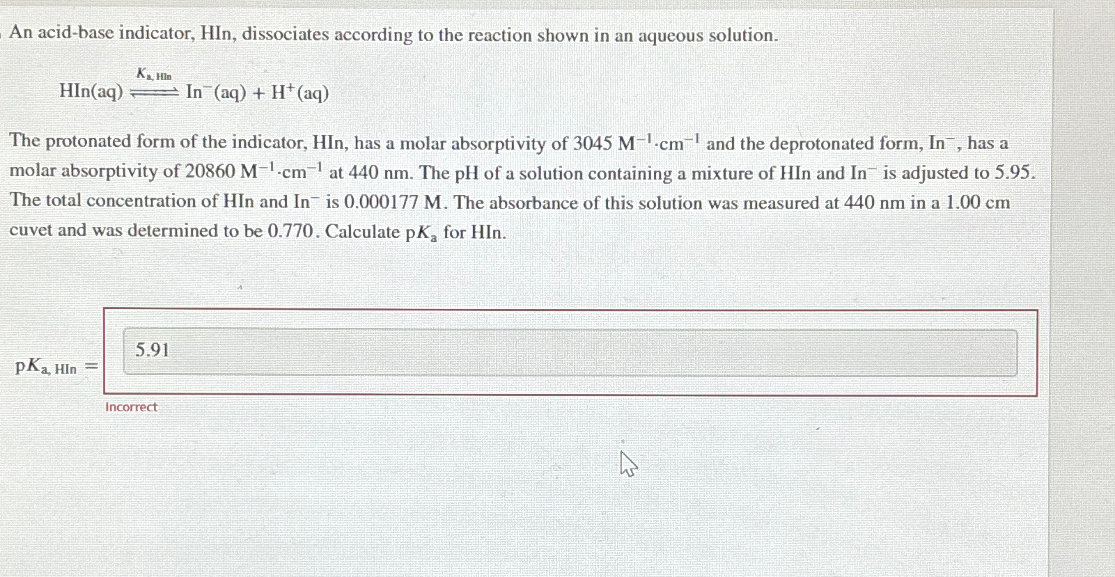 Solved An acid-base indicator, HIn, dissociates according to | Chegg.com