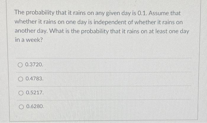 Solved The probability that it rains on any given day is | Chegg.com