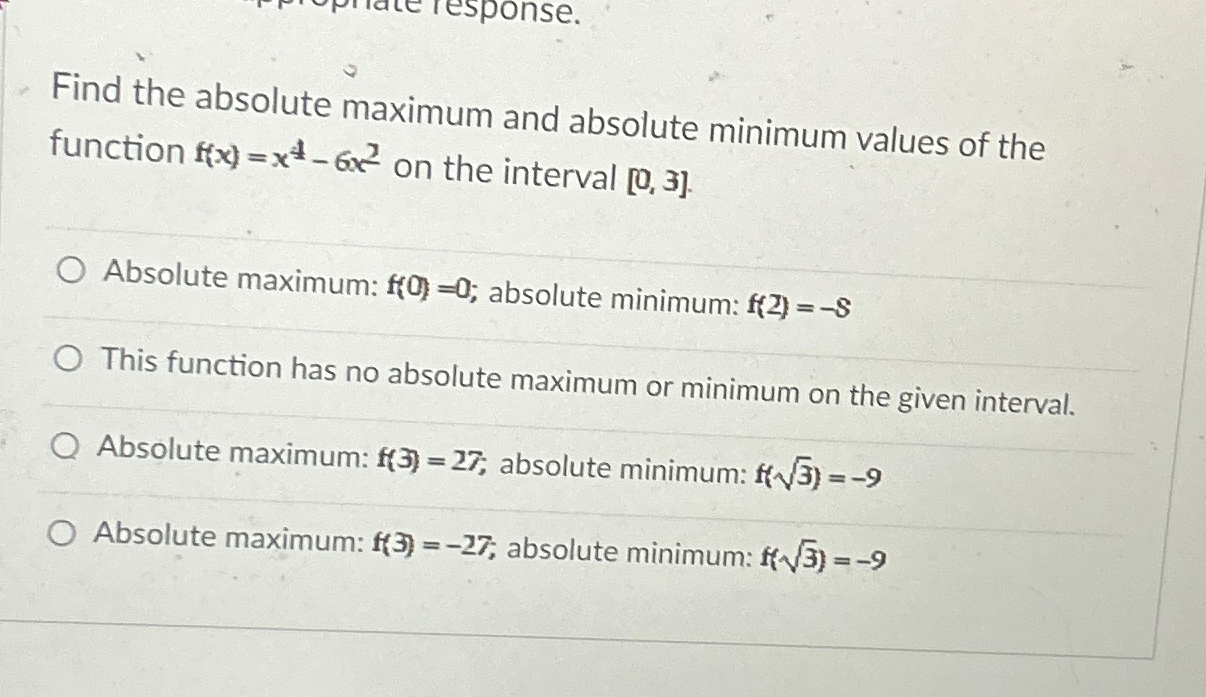 Solved Find the absolute maximum and absolute minimum values | Chegg.com