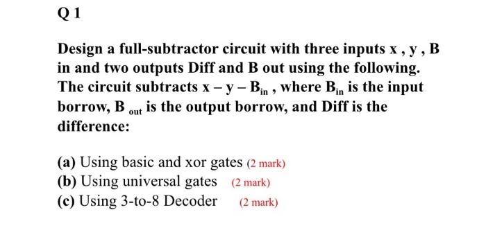Solved Q1 Design a full-subtractor circuit with three inputs | Chegg.com