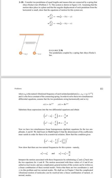 Solved 2-28. Consider two pendulums of equal lengths and | Chegg.com