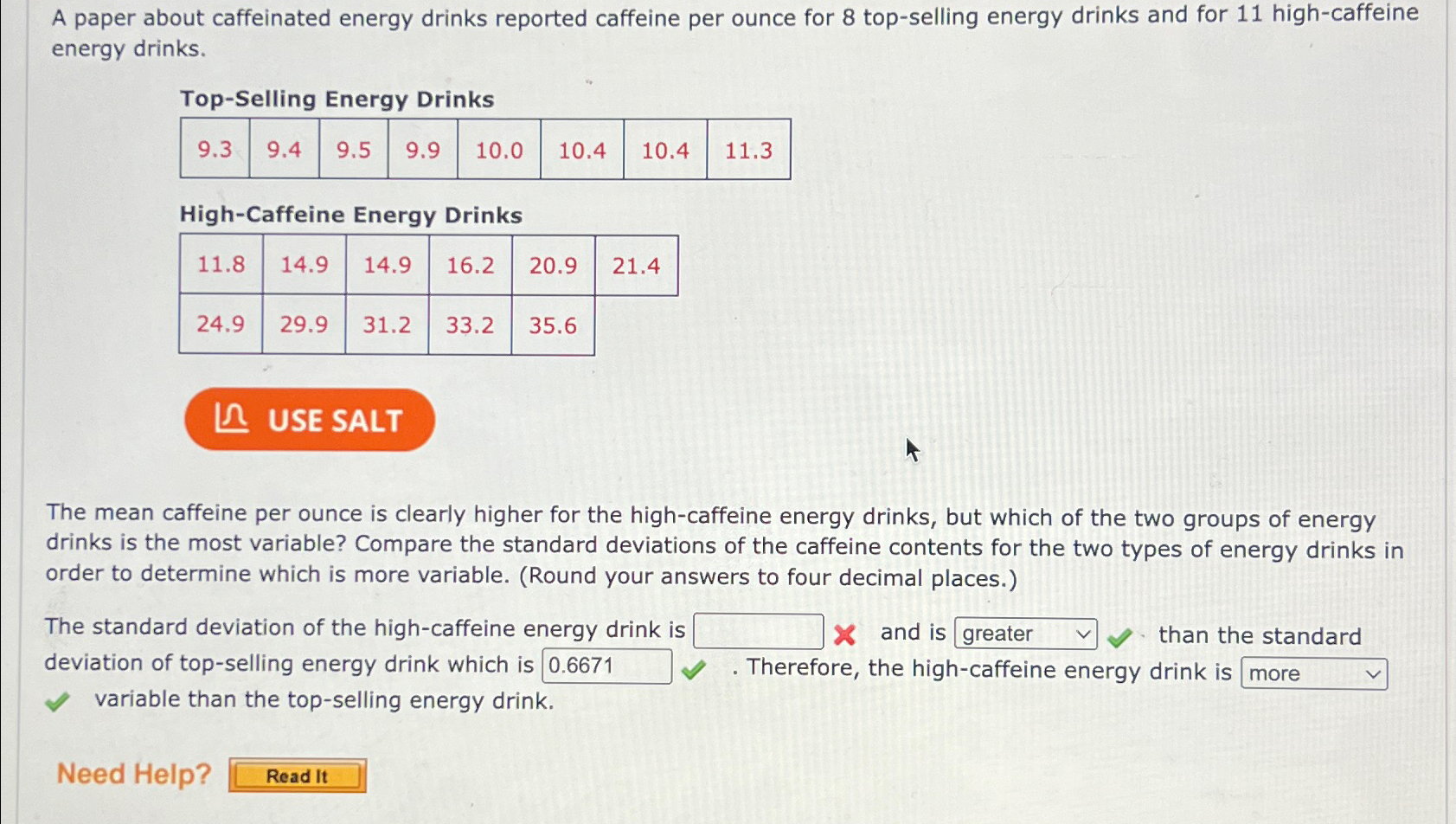 Solved A paper about caffeinated energy drinks reported | Chegg.com