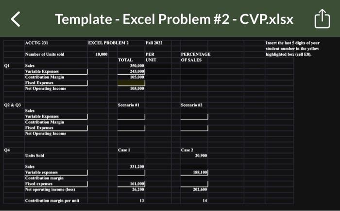 く Template - Excel Problem #2 - CVP.xlsx | Chegg.com