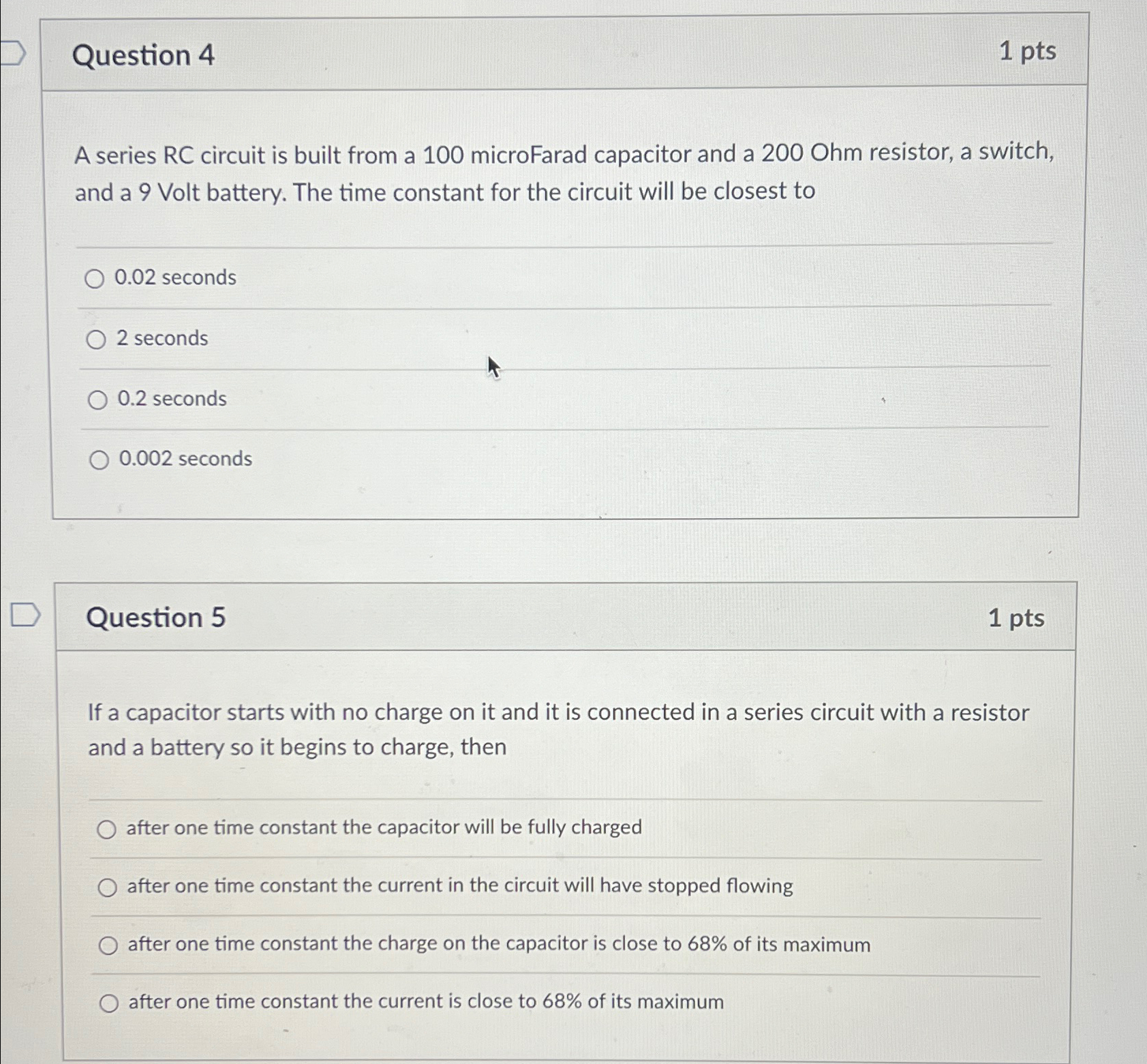 Solved Question 41ptsA series RC circuit is built from a 100 | Chegg.com