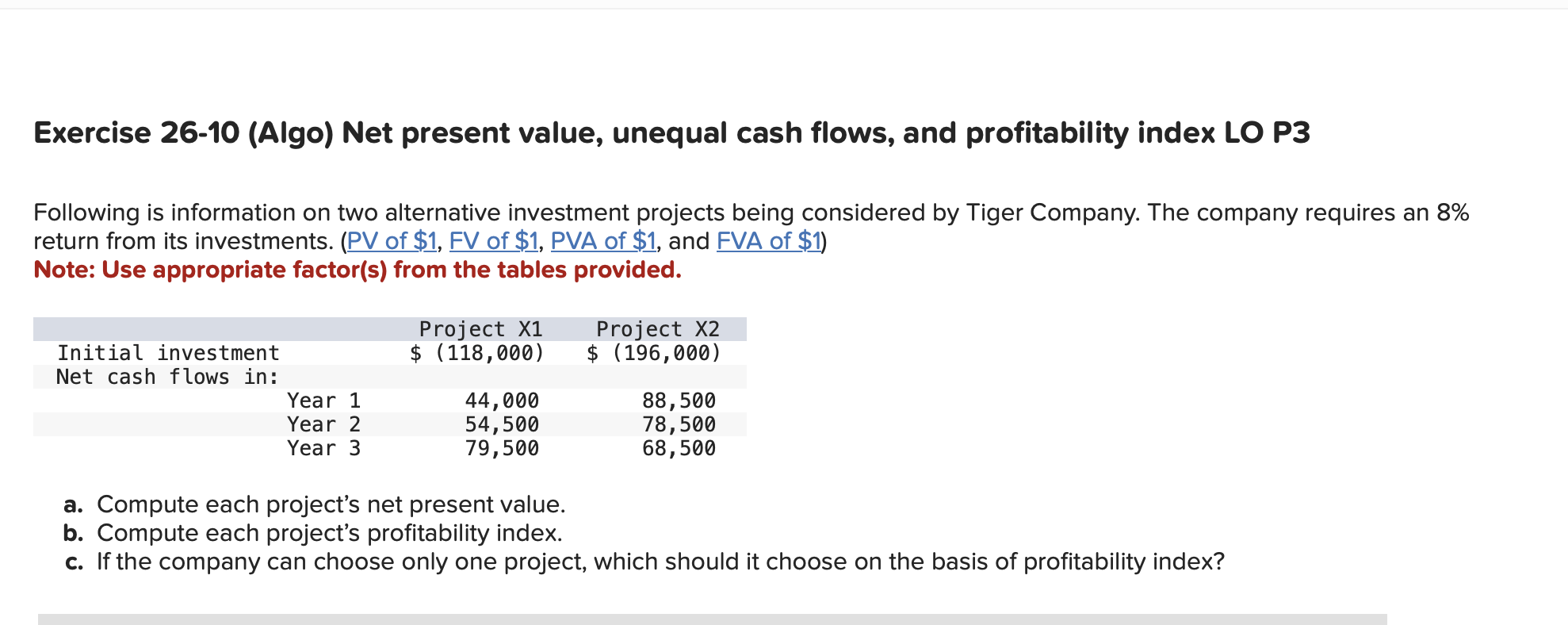 Solved Exercise 26-10 (Algo) ﻿Net present value, unequal | Chegg.com
