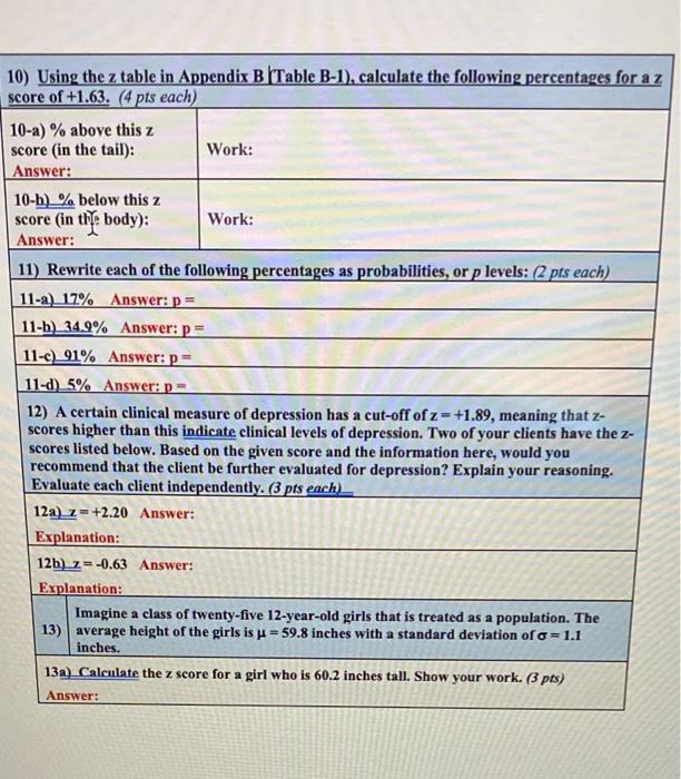 Solved 10) Using the z table in Appendix B Table B-1), | Chegg.com