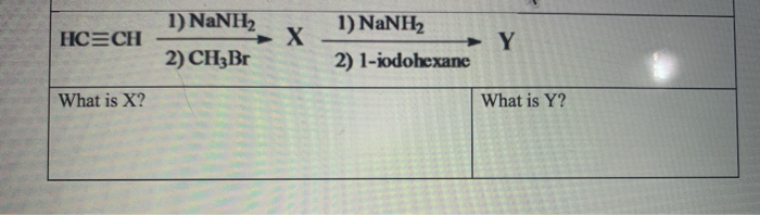 Solved HCECH 1) NaNH2 2) CH3Br Х 1) NaNH2 →Y 2) 1-jodohexane | Chegg.com