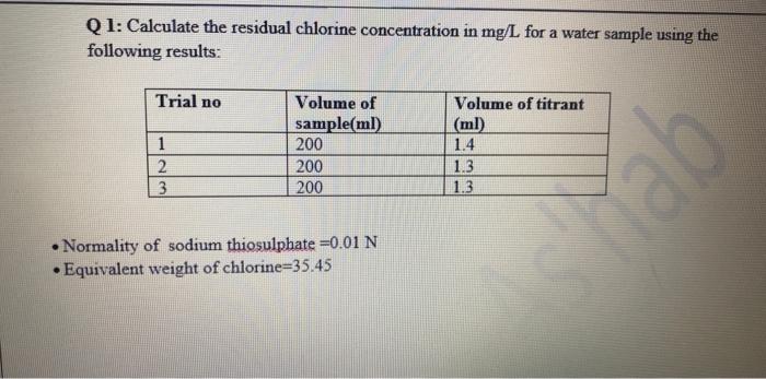 Solved Q1: Calculate the residual chlorine concentration in | Chegg.com