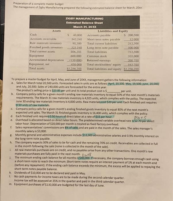 Solved Preparation of a complete master budget The | Chegg.com