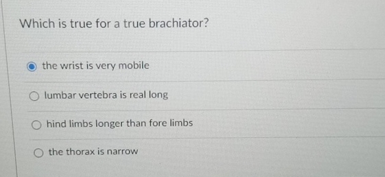 Solved Which is true for a true brachiator?the wrist is very | Chegg.com