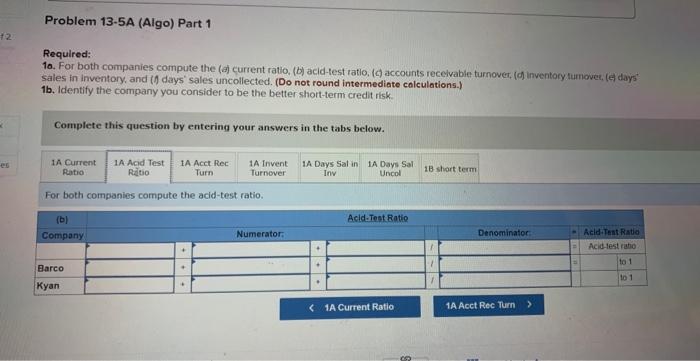Solved Problem 13-5A (Algo) Comparative ratio analysis LO P3 | Chegg.com