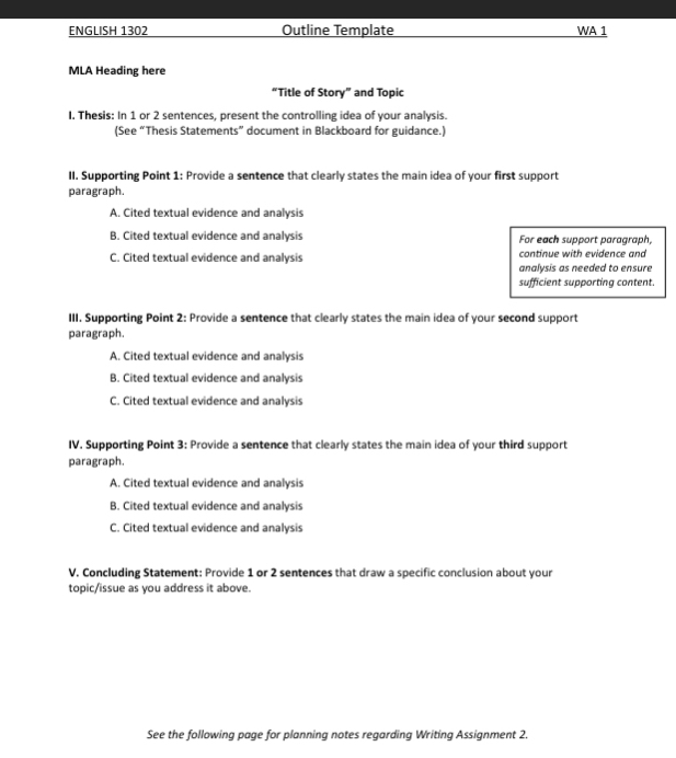 Solved ENGLISH 1302Outline TemplateWA 1MLA Heading | Chegg.com
