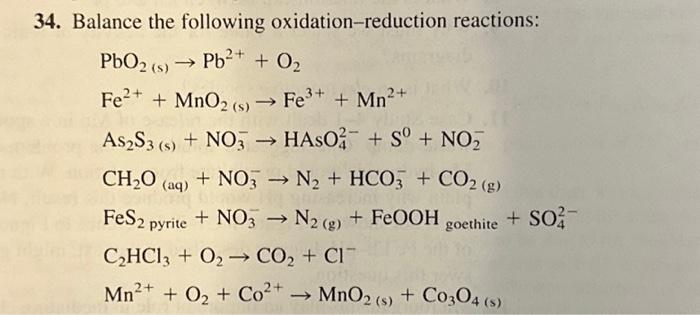 Solved 34. Balance the following oxidation-reduction | Chegg.com