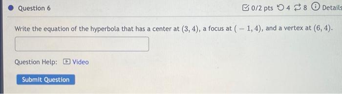 Solved Write the equation of the hyperbola that has a center | Chegg.com
