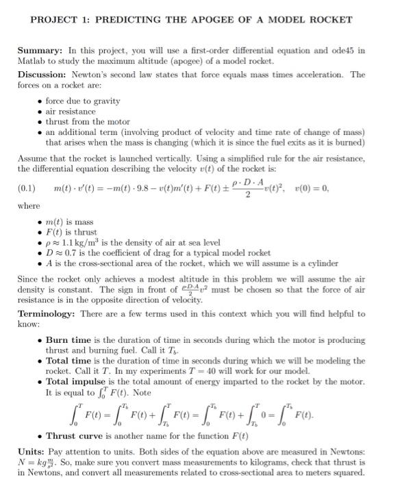 Solved PROJECT 1: PREDICTING THE APOGEE OF A MODEL ROCKET | Chegg.com