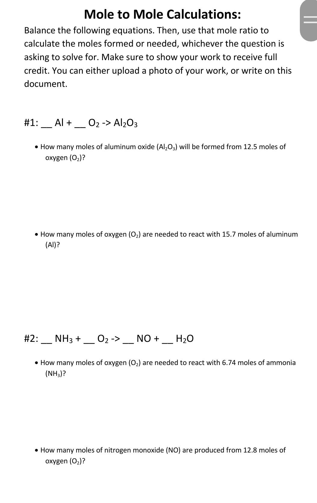 Solved Mole to Mole Calculations: Balance the following | Chegg.com