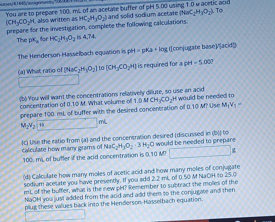 Solved ure to prepare 100. mL of an acetate buffer of pH5.00 | Chegg.com