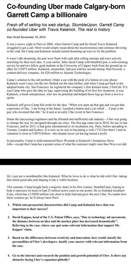 Solved Co-founding Uber made Calgary-born Garrett Camp a | Chegg.com