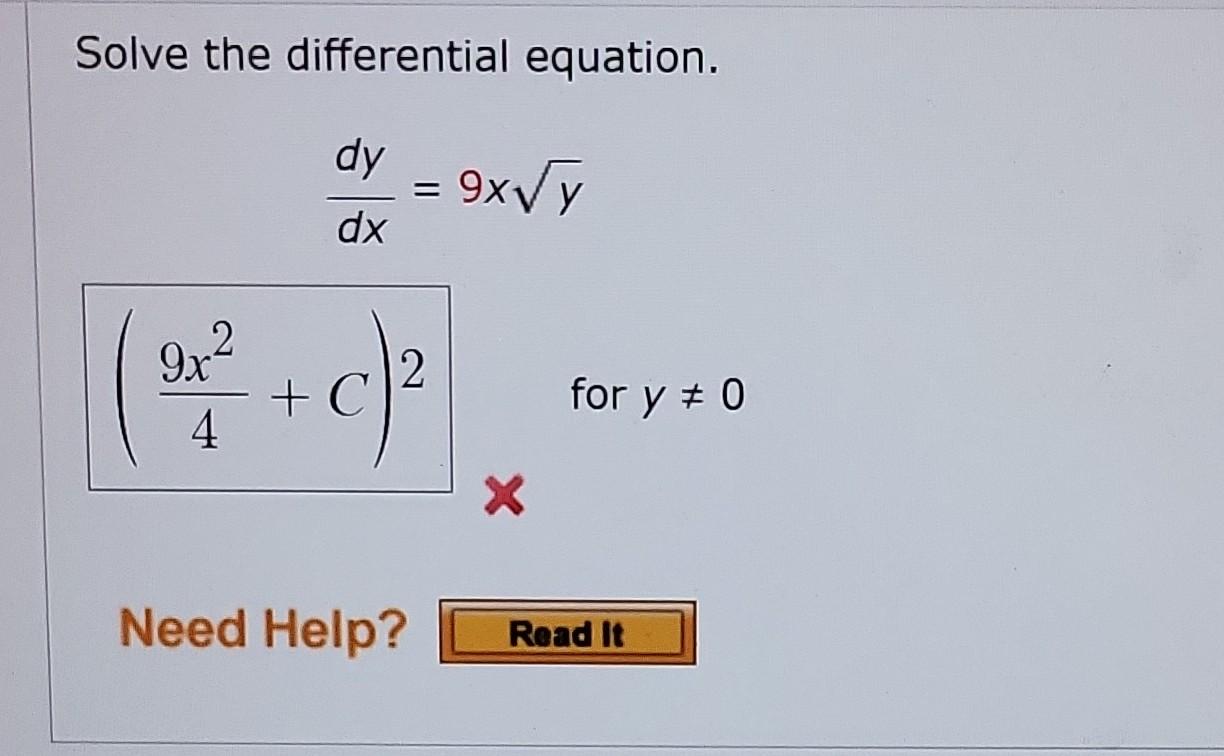 Solved Solve the differential equation. dxdy=9xy (49x2+C)2 | Chegg.com