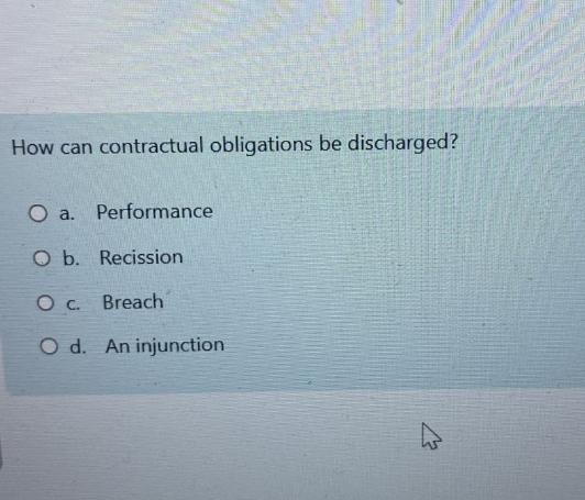 Solved How can contractual obligations be discharged?a. | Chegg.com