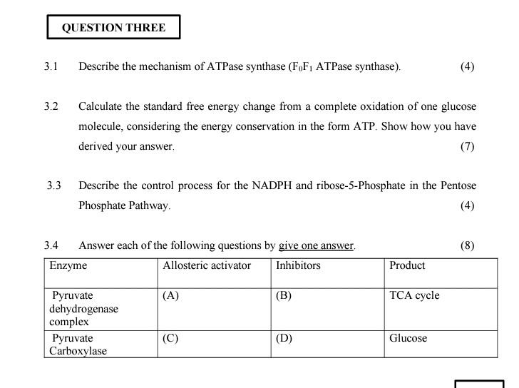 Solved 3.1 Describe the mechanism of ATPase synthase ( F0 F1 | Chegg.com