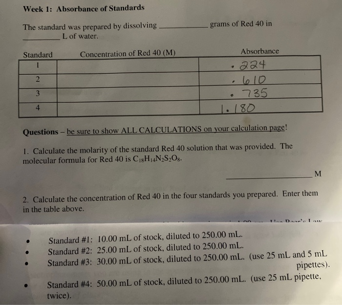 Solved Week 1: Absorbance of Standards grams of Red 40 in | Chegg.com