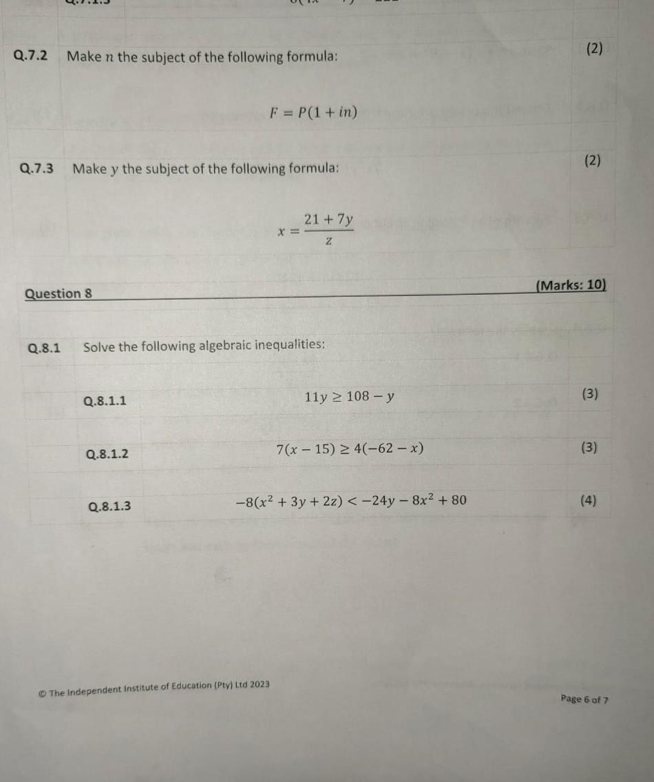Solved Q.7.2 Make n the subject of the following formula: | Chegg.com