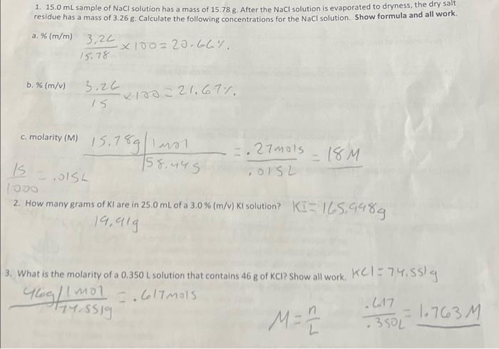 Solved 1. 15.0 mL sample of NaCl solution has a mass of | Chegg.com