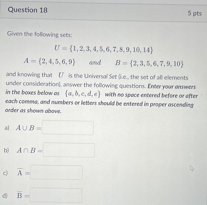 Solved Given the following sets: | Chegg.com