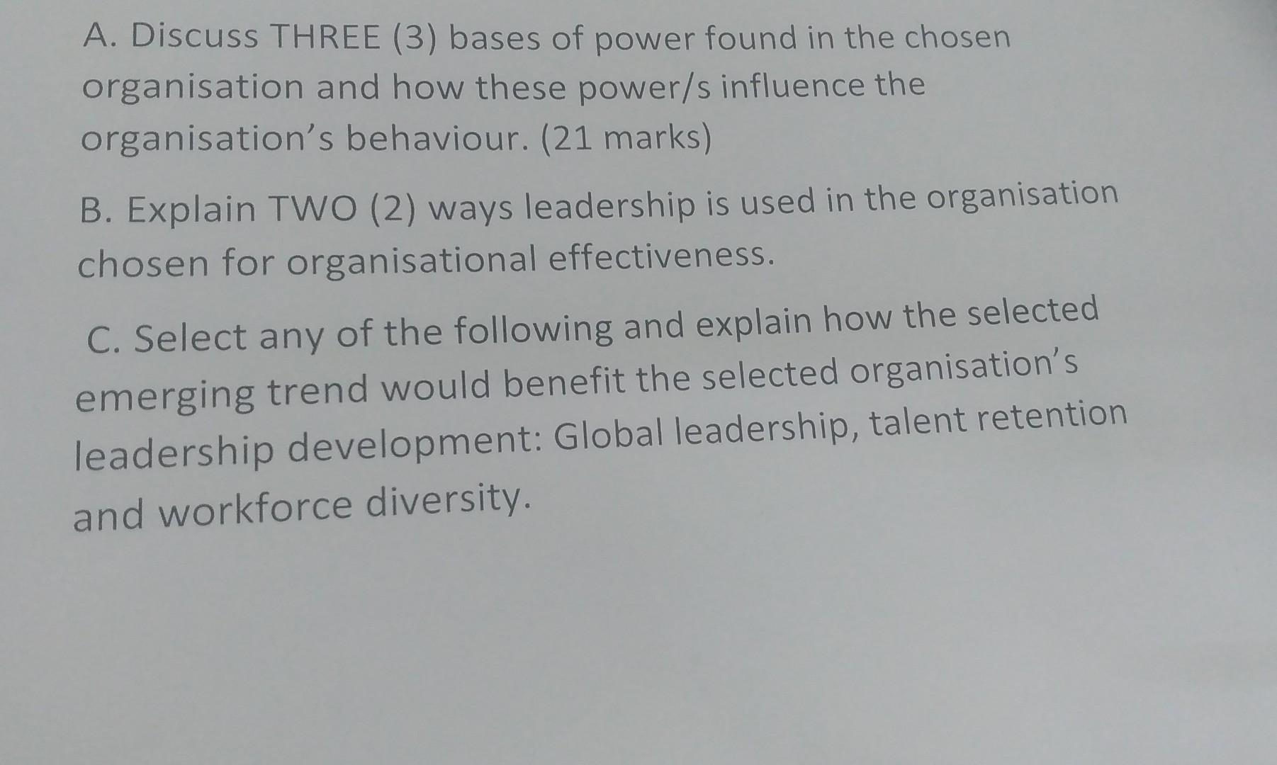 Solved A. Discuss THREE (3) bases of power found in the | Chegg.com