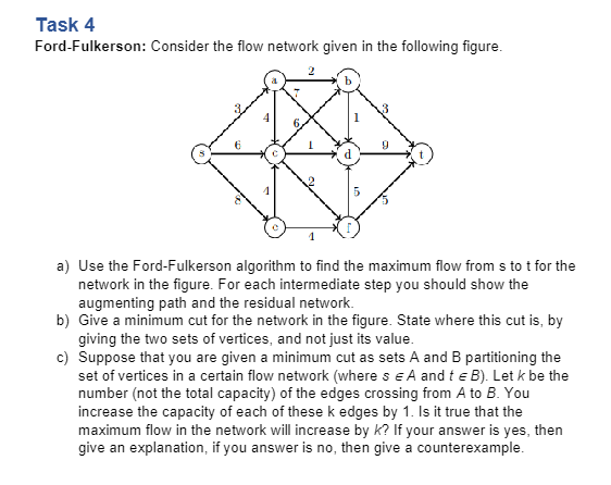 Solved Task 4Ford-Fulkerson: Consider the flow network given | Chegg.com