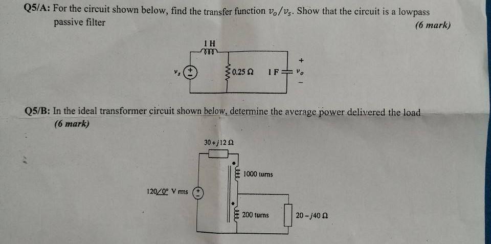 Solved Q5/A: For the circuit shown below, find the transfer | Chegg.com
