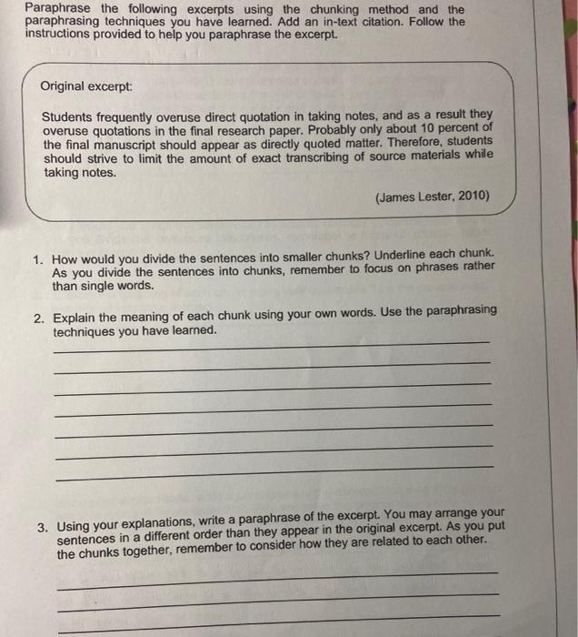 Paraphrase the following excerpts using the chunking | Chegg.com